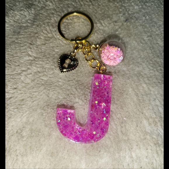 Handmade | Accessories | Holographic Pink Glitter Letter J Keychain ...